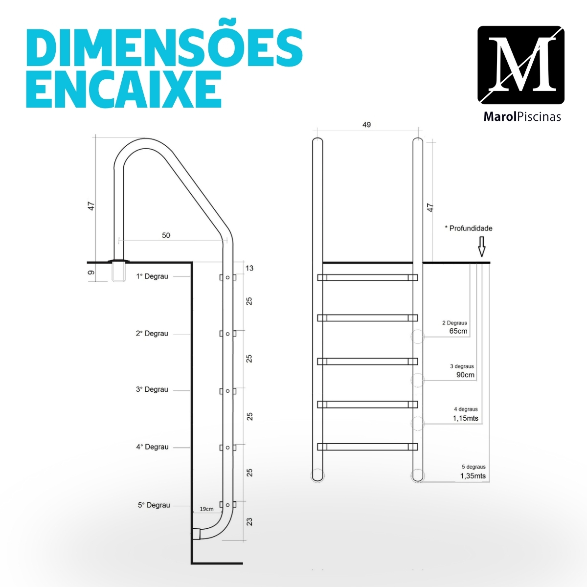 Escada Piscinas Tradicional 6 Degraus em Inox 304 Marol Piscinas